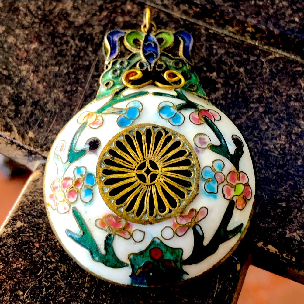 Vintage Old Asian Cloisonne Multi Color Enamel Pendant - Gem